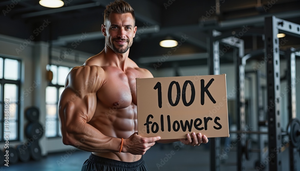 Muscular man proudly holding 100K followers sign in gym, social media ...