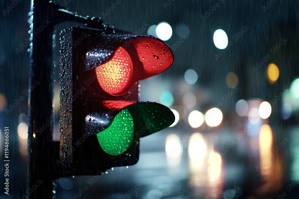 Traffic light displaying red and green signals illuminated at night ...