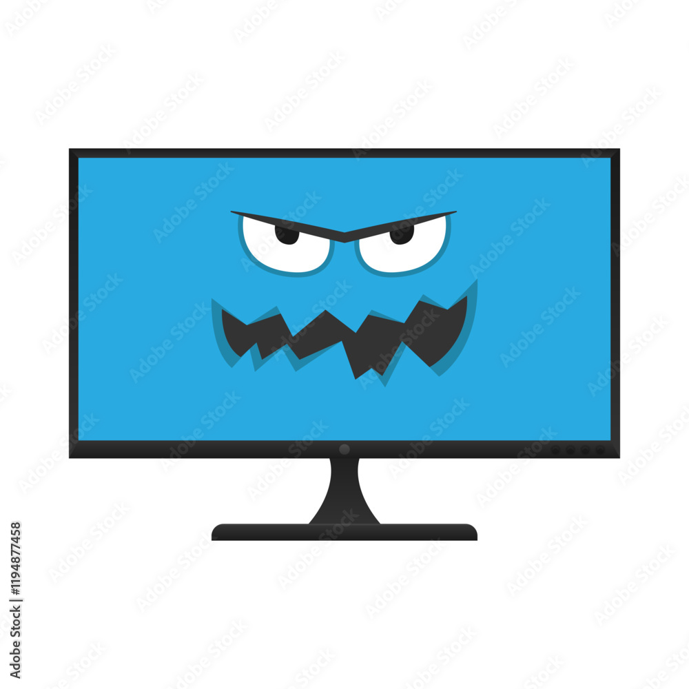 Angry virus displayed on a PC monitor screen. The vector illustration ...
