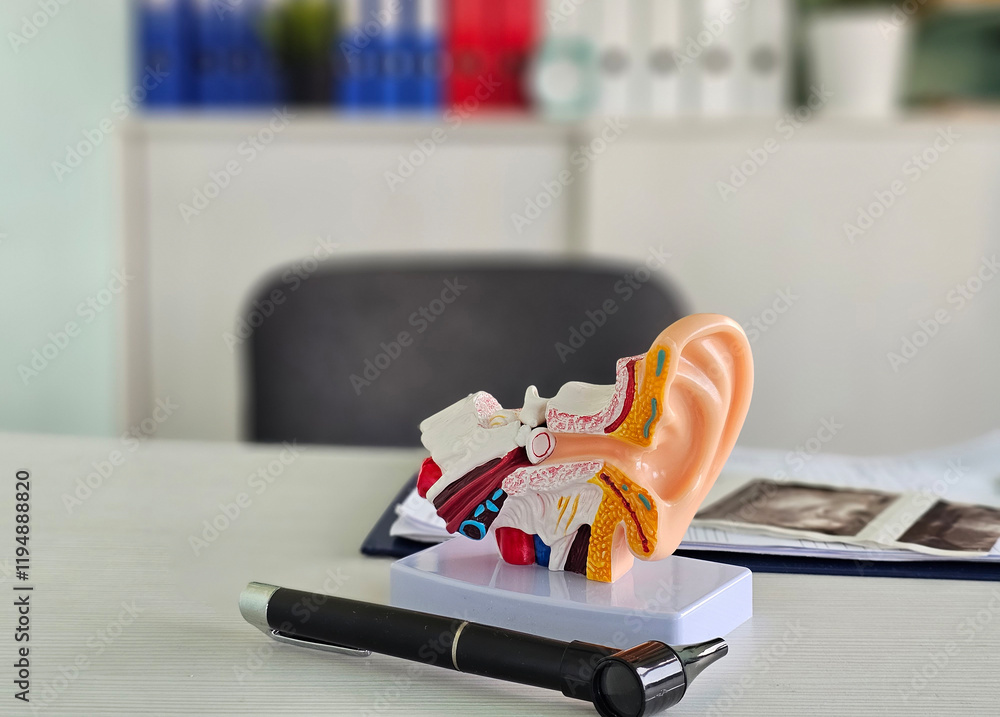 Ear anatomy model on desk in a medical office illustrating detailed ...