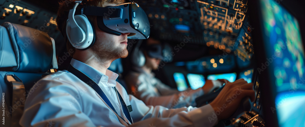 Airline pilot wearing vr headset flying airplane simulator using ...