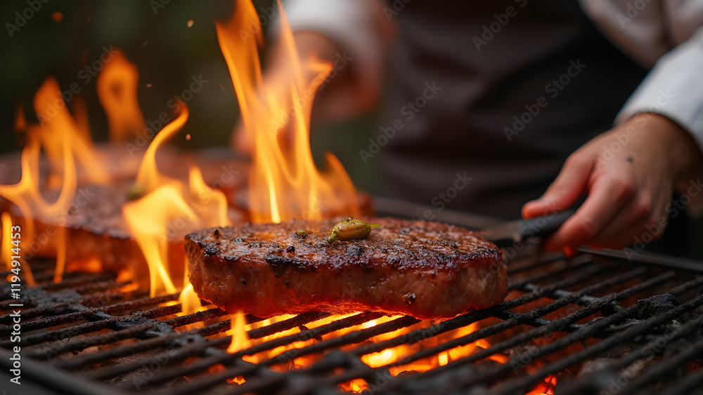 Chef searing steak on grill. Ultra realistic cooking techniques ...