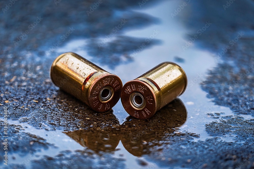 Spent bullet casing lying on dark ground with blur background Concepts ...