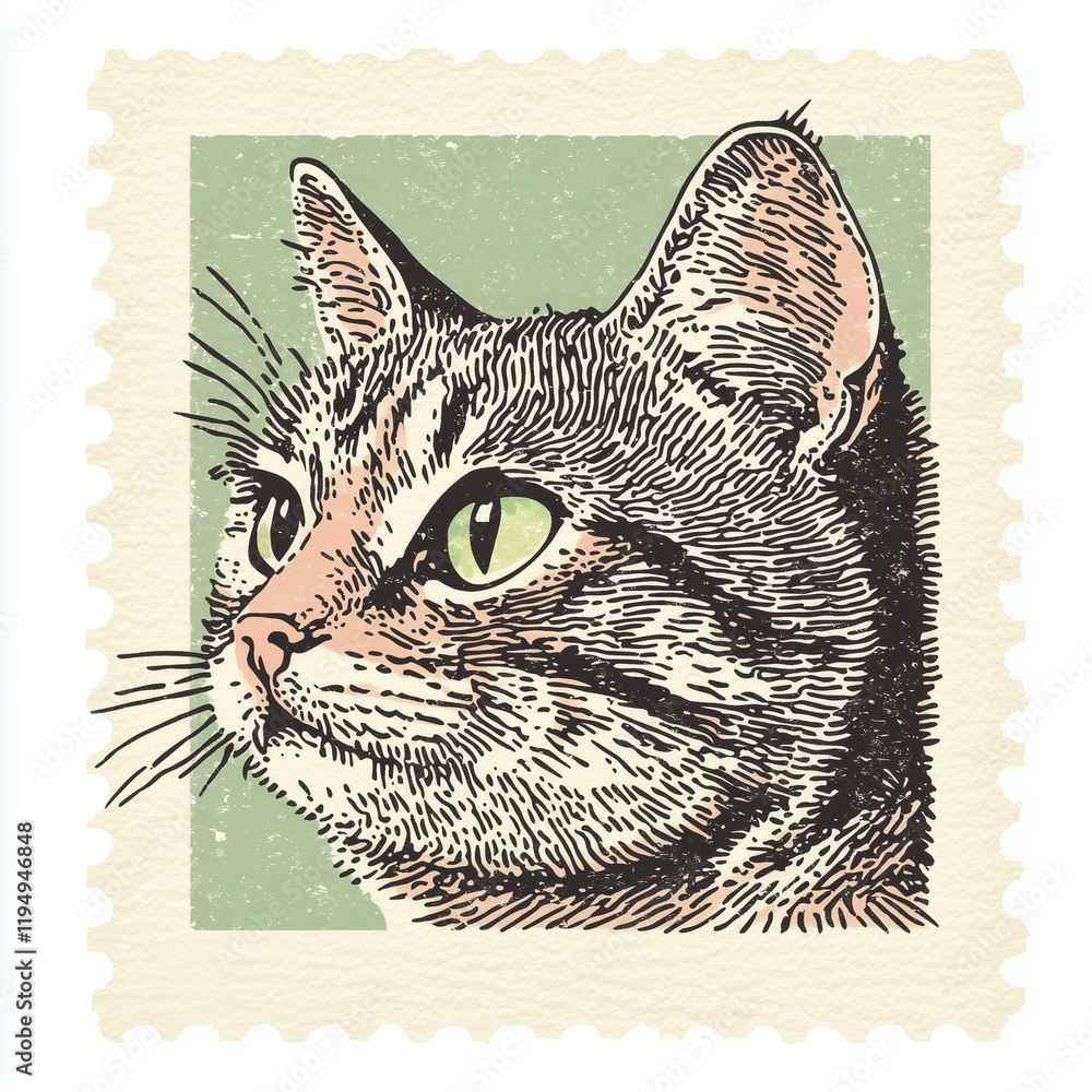 Vintage postage stamp with a cat illustration Stock Illustration ...