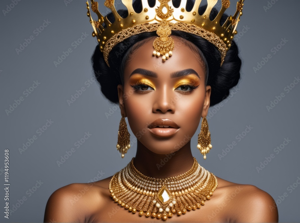 Elegant model showcases stunning golden crown and jewelry against a ...