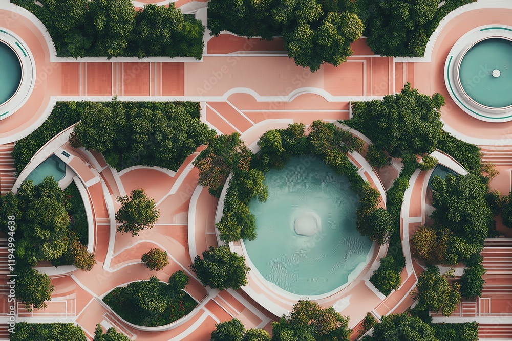 Aerial view of a modern, geometric park design featuring circular ponds ...