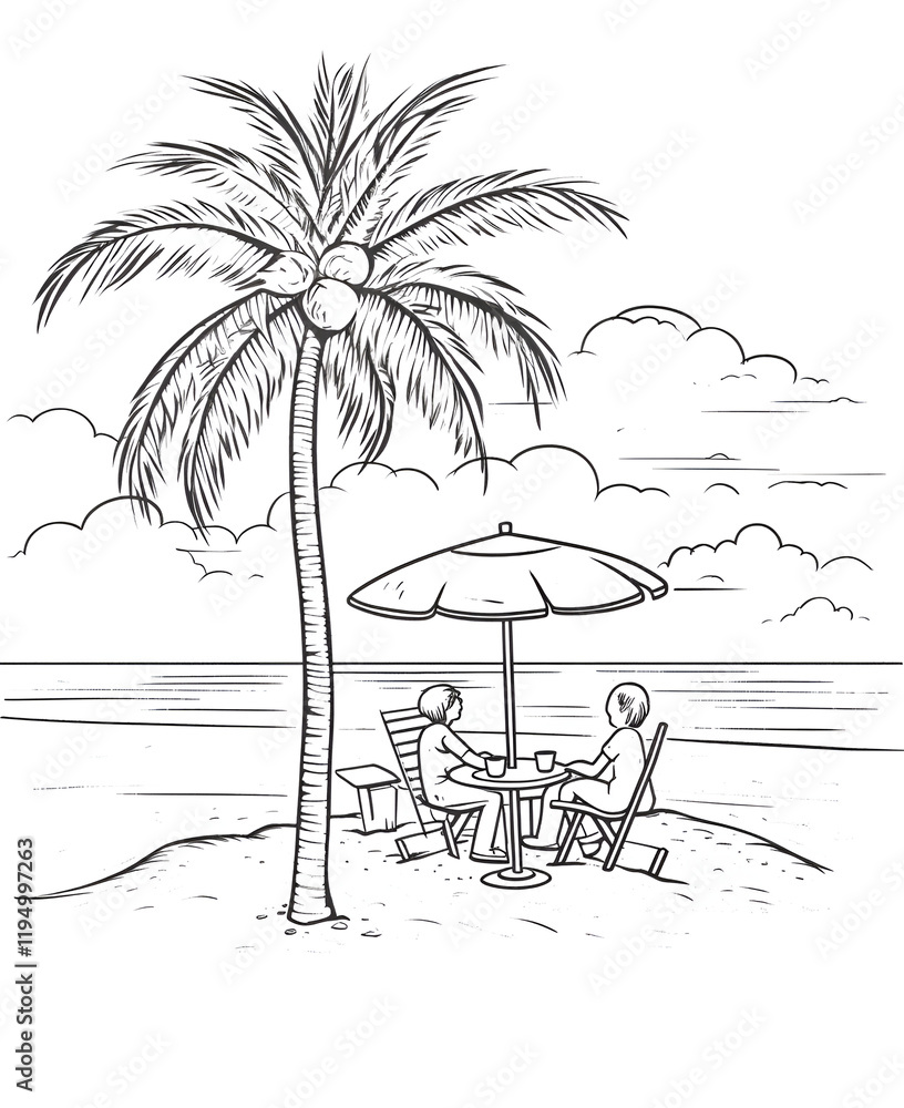 Beach vacation coloring page outline illustration, summer seaside ...