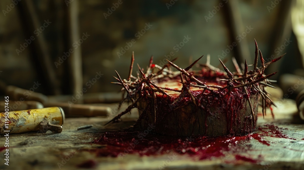 A surreal communion scene featuring a crown of thorns and nails ...