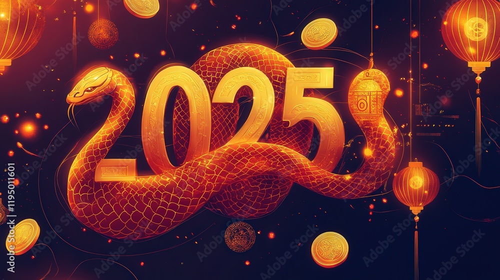 A modern Year of the Snake 2025 template with a golden snake coiled ...