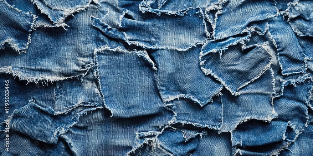 Ripped blue denim fabric texture with raw edges scattered across the ...