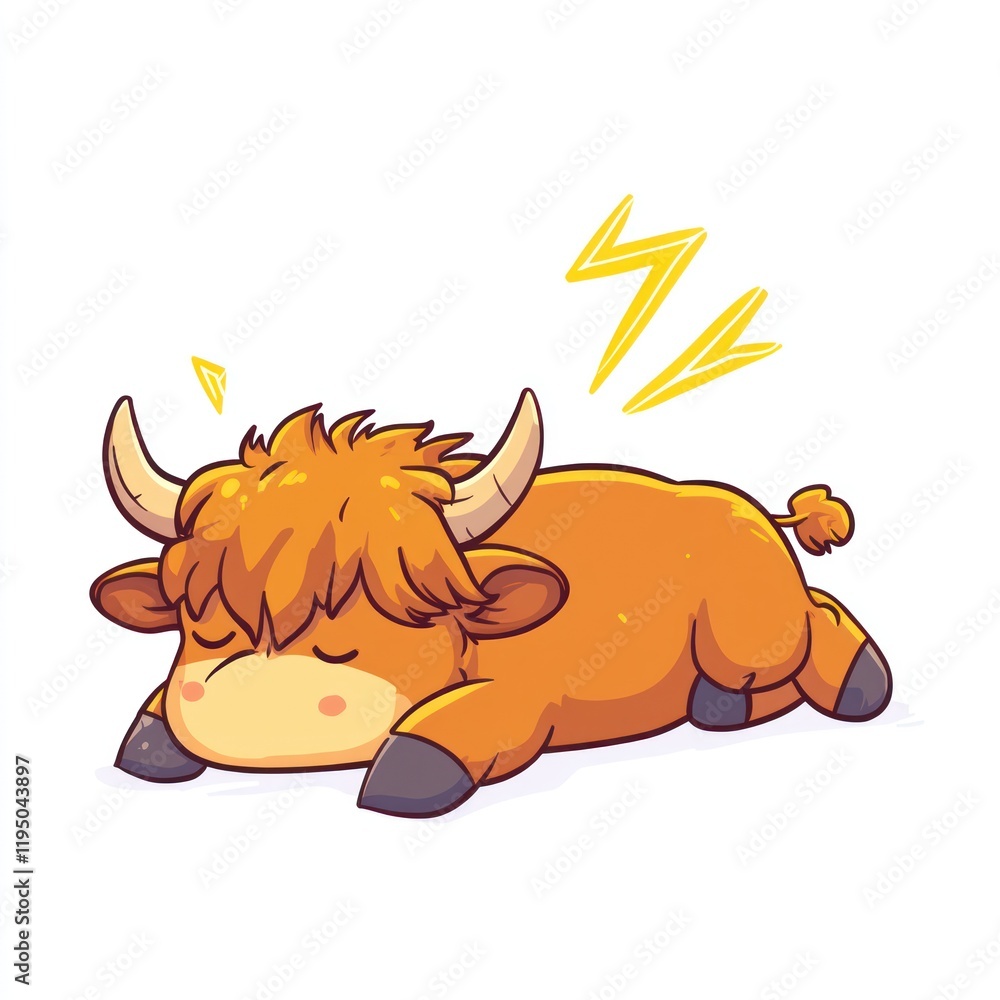 Cartoon Highland cow, exhausted, resting, white background, for kids ...