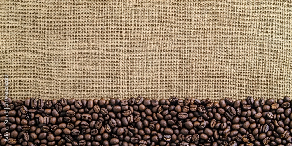 Burlap canvas background with brown coffee beans along the bottom ...