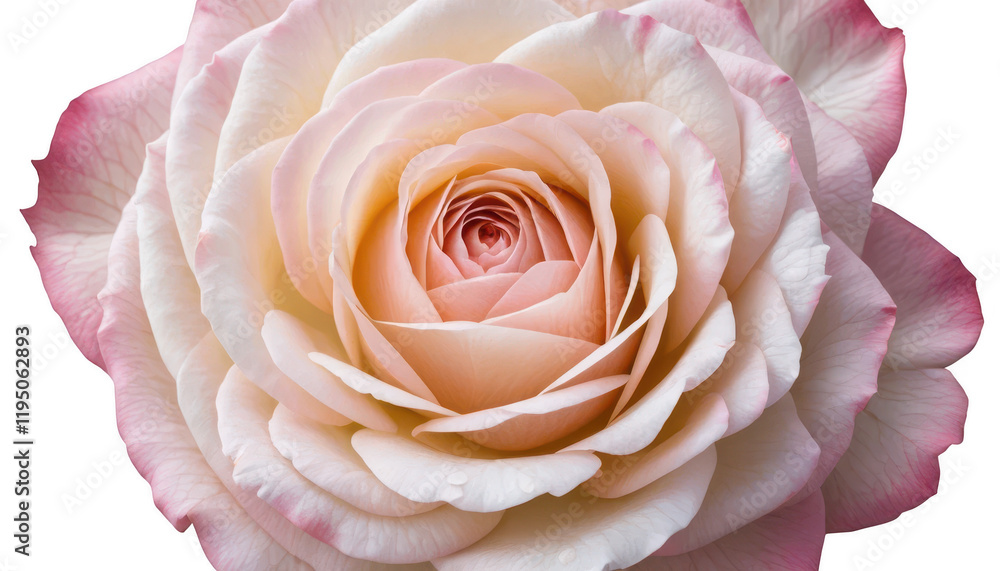 Intricate concentric circles formed by soft pink and white rose petals ...