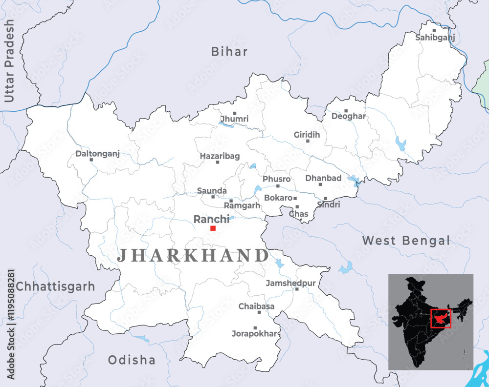 Jharkhand district map with capital Ranchi, marked most important ...