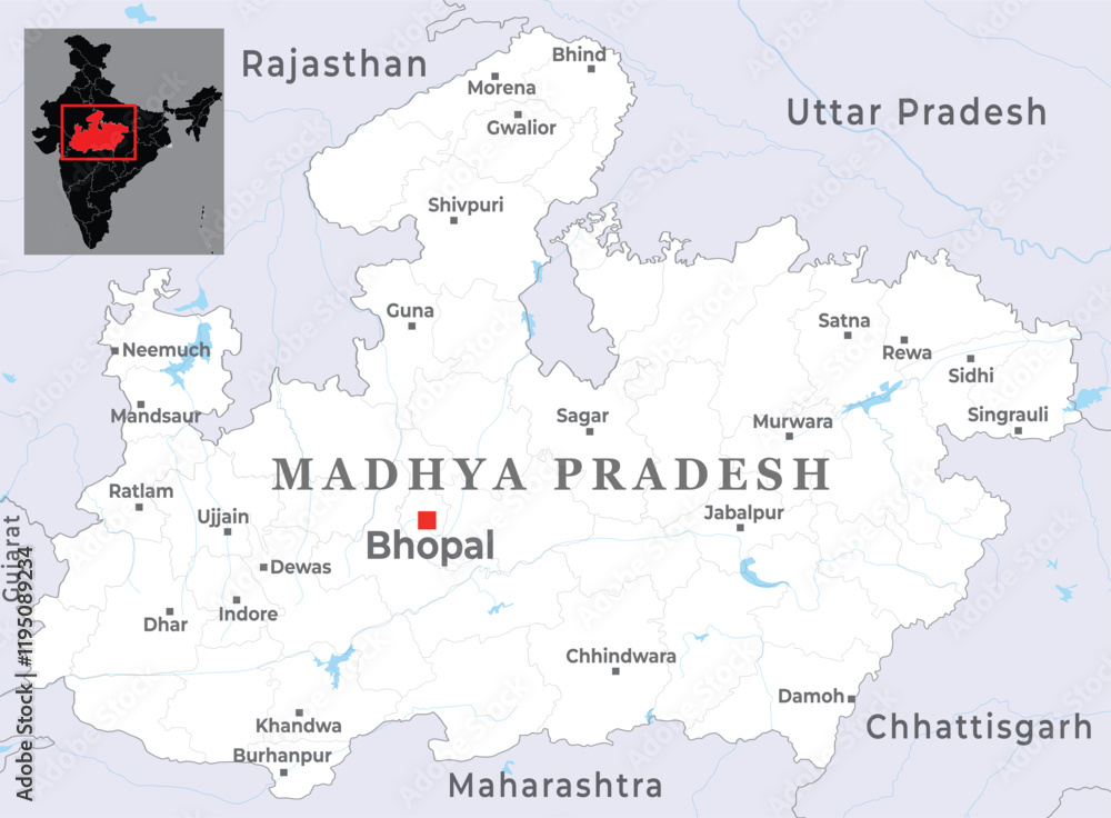 Madhya Pradesh district map with capital Bhopal, marked most important ...