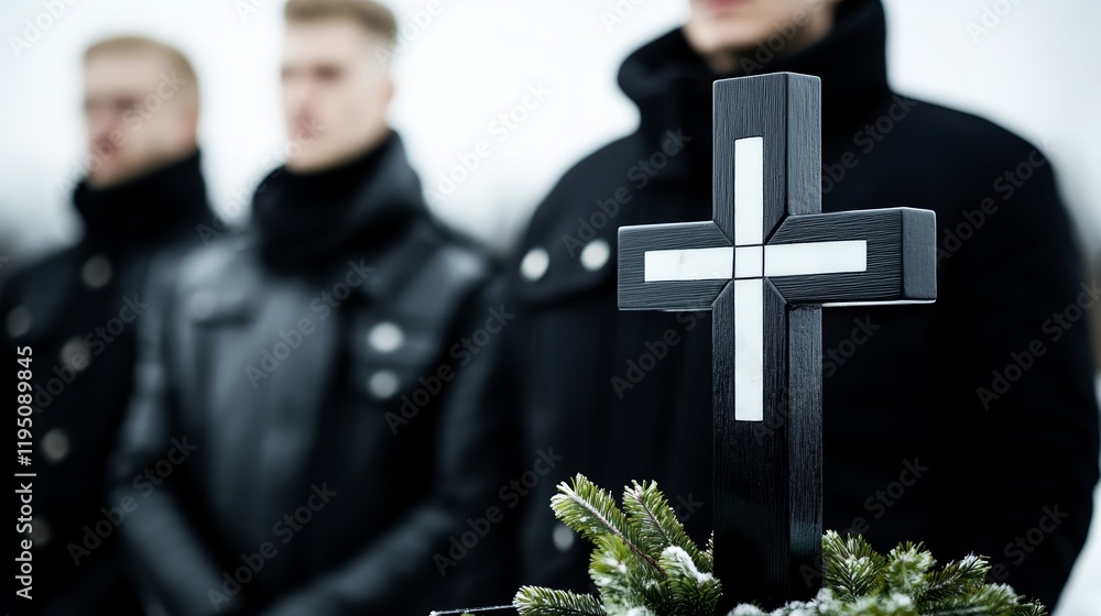 Elegant A large gathering of mourners wearing black standing in silence ...