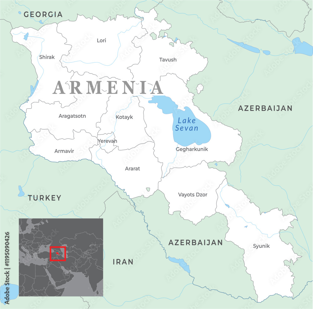 Armenia province map with names, most important cities and national ...