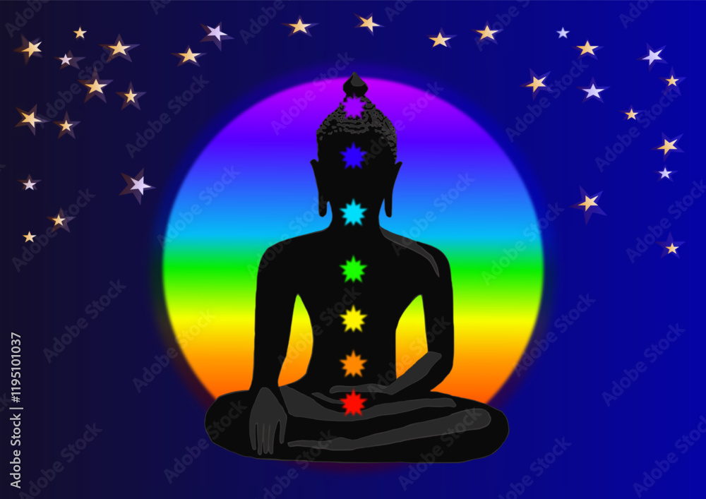 Vector silhouette of buddha with chakra symbols on a dark background ...