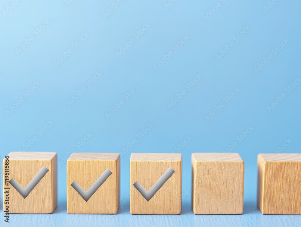 Foto de Stock Concept of task completion with wooden blocks and check ...