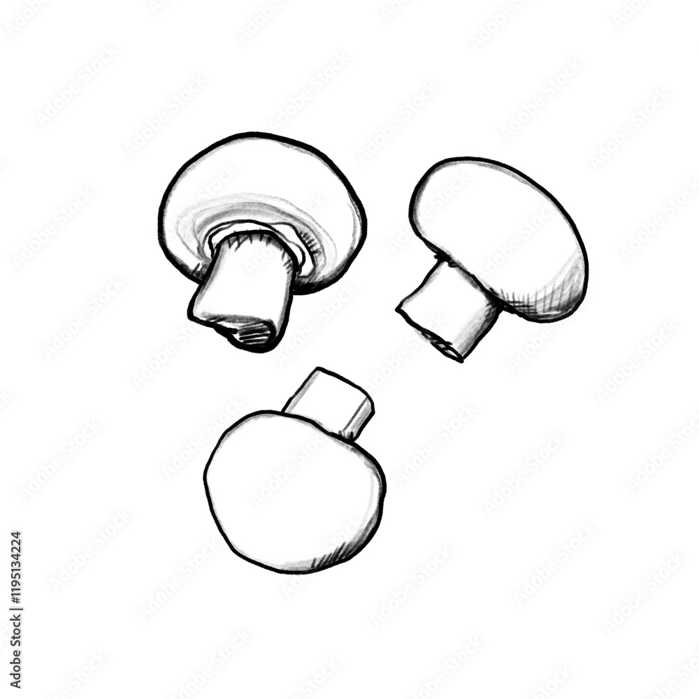Champignon, mushroom, fungus, Vegetables, Hand-drawn pencil/colored ...
