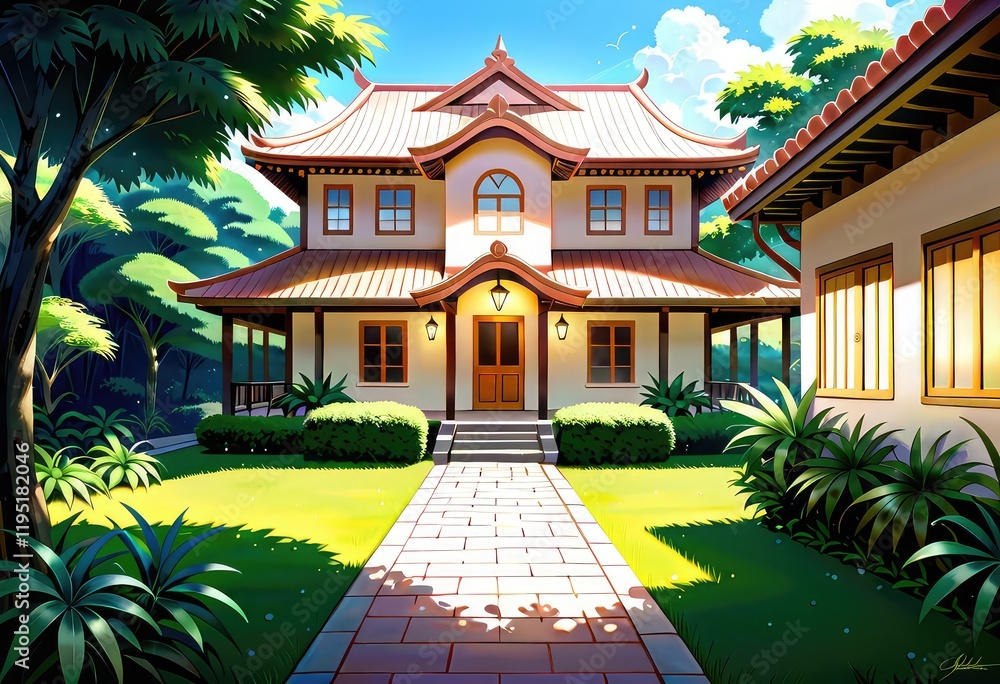 A detailed pixel art depiction of a charming house featuring a striking ...