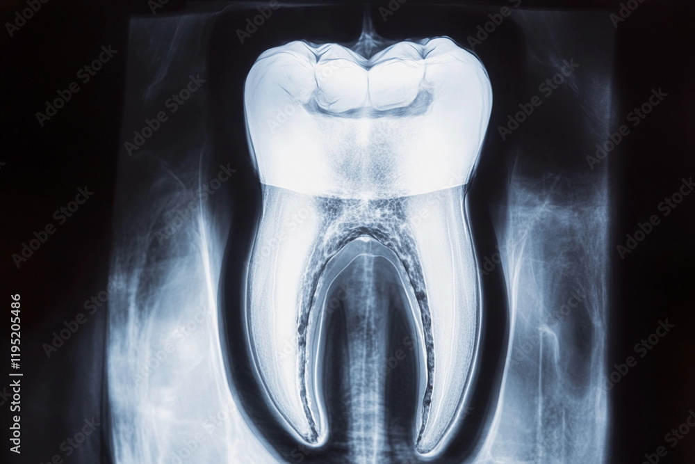 X-ray examination of a tooth revealing caries amidst dental structures ...