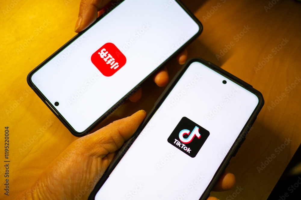 Qingdao,China-Jan.14.2025:REDnote and TikTok apps on smartphone screen ...