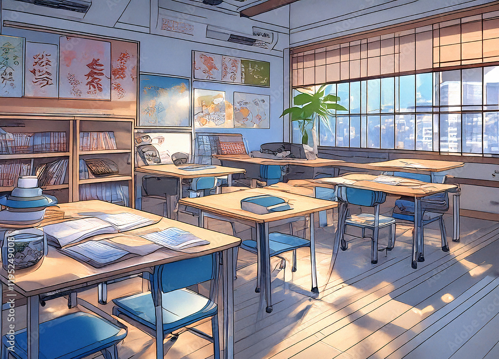 A Japanese classroom, Anime art style. Vibrant colors with cel-shading ...