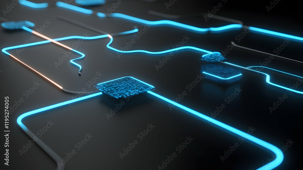 Business success powered by AI illustrated as glowing blue pathways ...