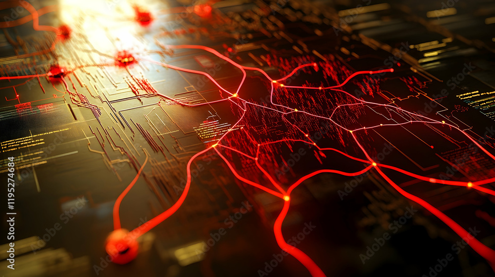 Futuristic business models with AI visualized as radiant red neural ...