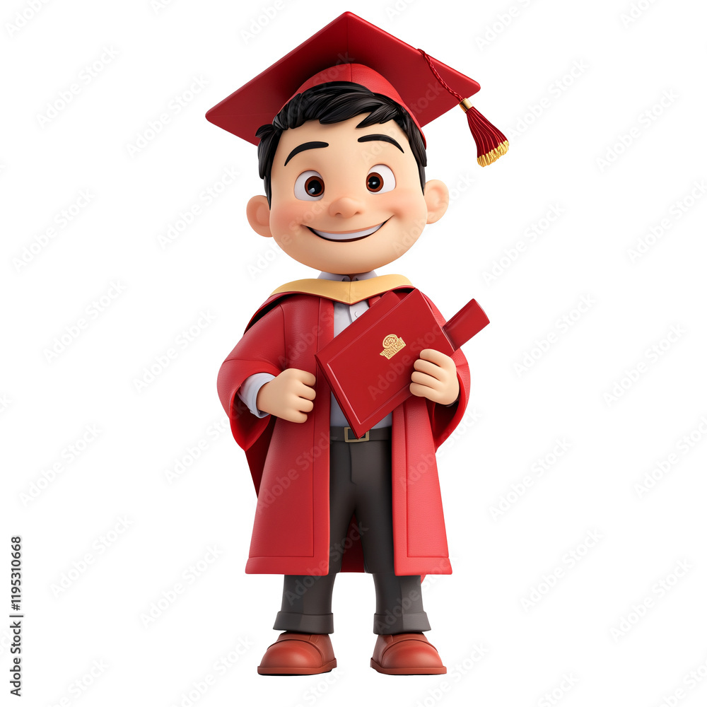 A smiling cartoon character in a red graduation gown, cap, and tassel ...