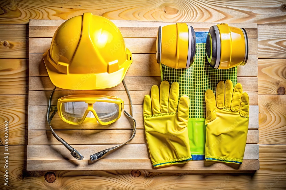 Safety Gear on Plywood: Construction Site Safety Equipment, PPE, Hard ...
