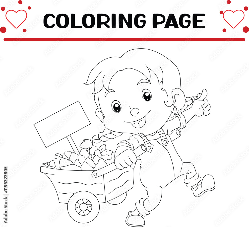 little girl is pulling cart coloring page for kids Stock Vector | Adobe ...