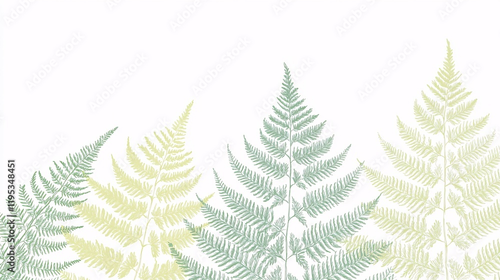 composition of various fern types, sketched in delicate lines and ...