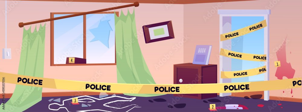 Crime scene at room with Police tape, vector crime investigation signs ...