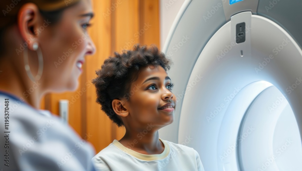 Child MRI scan. Young girl prepared for MRI scan with supportive ...