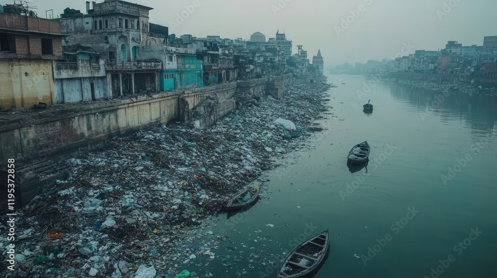 polluted indian river filled with garbage and waste, starkly ...