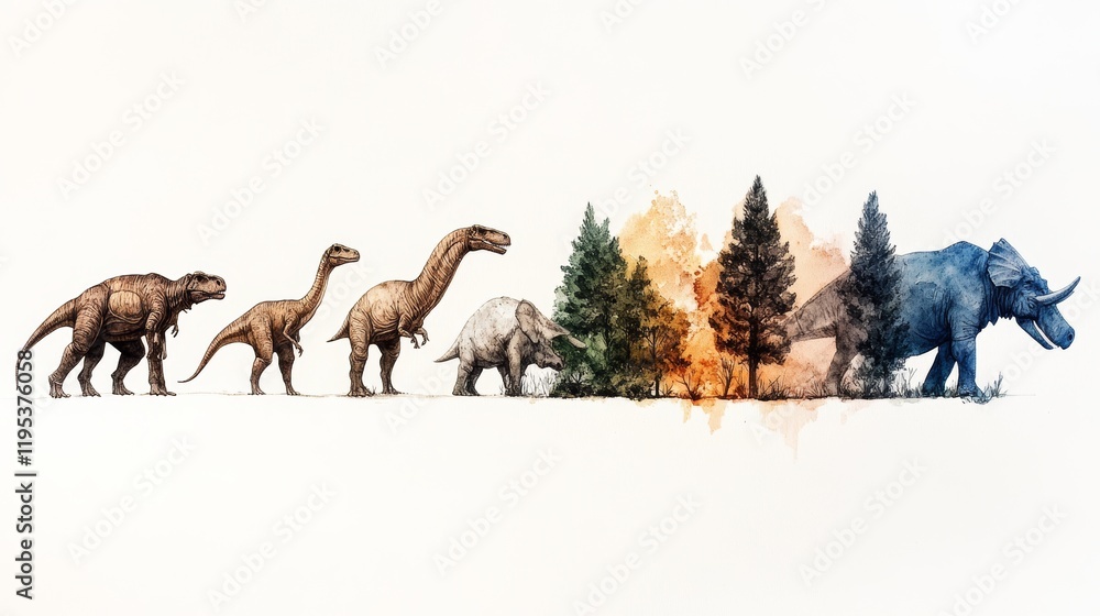 Evolution of prehistoric creatures depicted in a watercolor-style ...