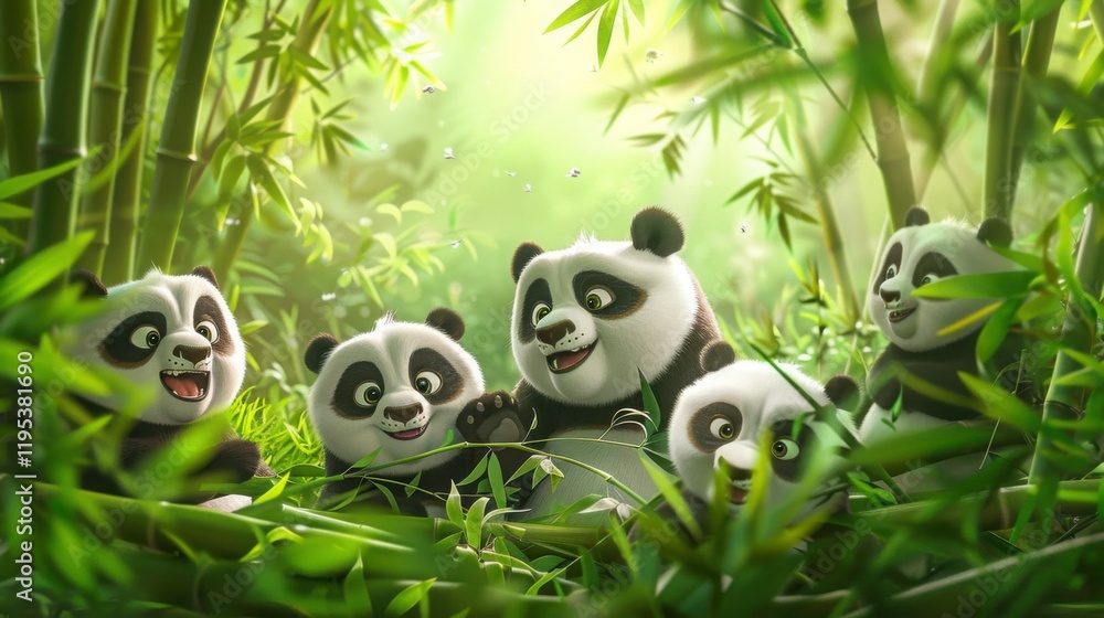 Animated Group of Pandas in Bamboo Forest Stock Illustration | Adobe Stock