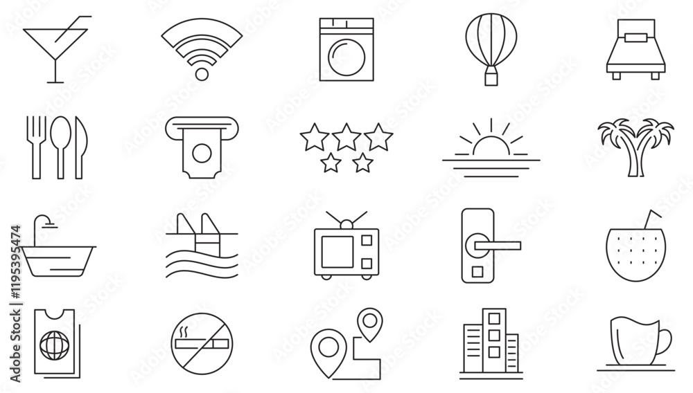 Resort Hotel line icon set. passport, suitcase, airplane, hotel, map ...