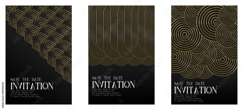 Elegant Luxury invitation Card frame art deco flyer, template set. Golden geometric gradient on ...