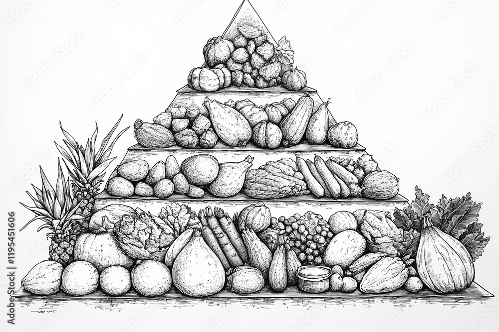 Food pyramid representing healthy eating habits promoting wellbeing and ...