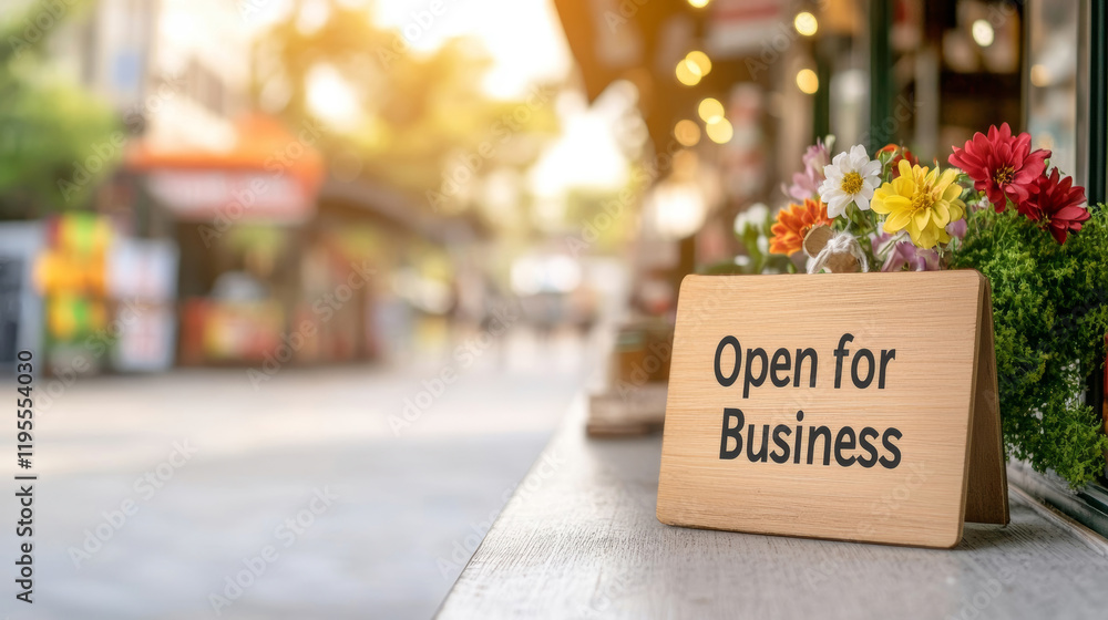 Wooden open signage resting on windowsill, floral decor blurring street ...