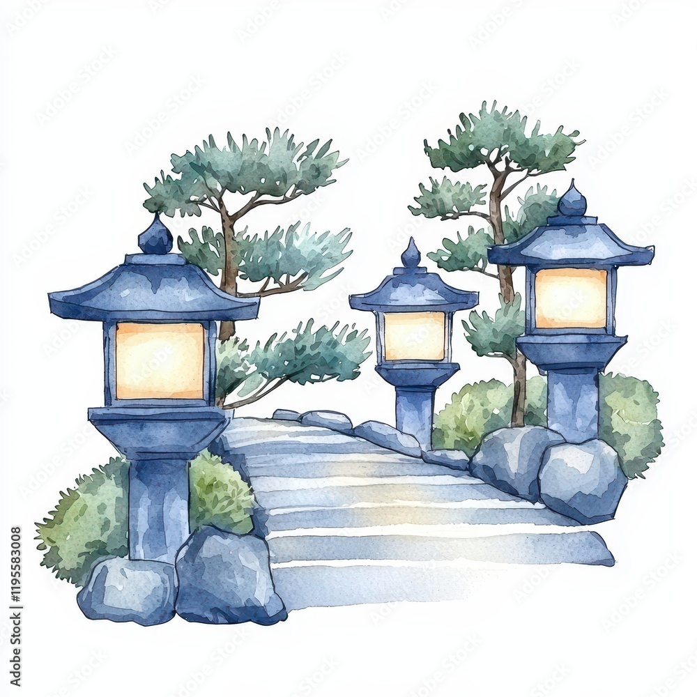 Watercolor serenity in a japanese garden lanterns and pathway tranquil ...
