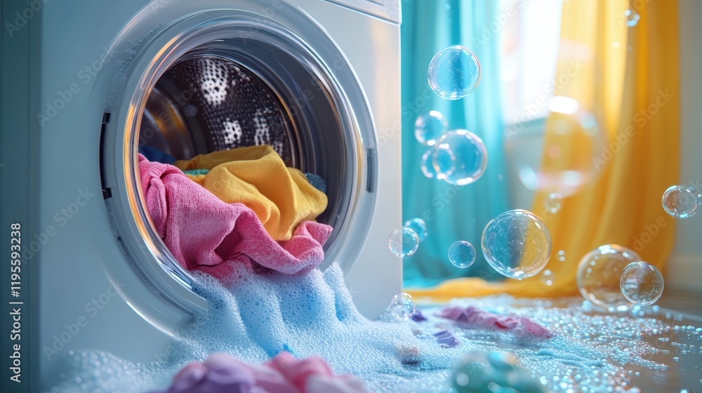 Colorful Laundry Overflowing from Washing Machine with Bubbles and ...