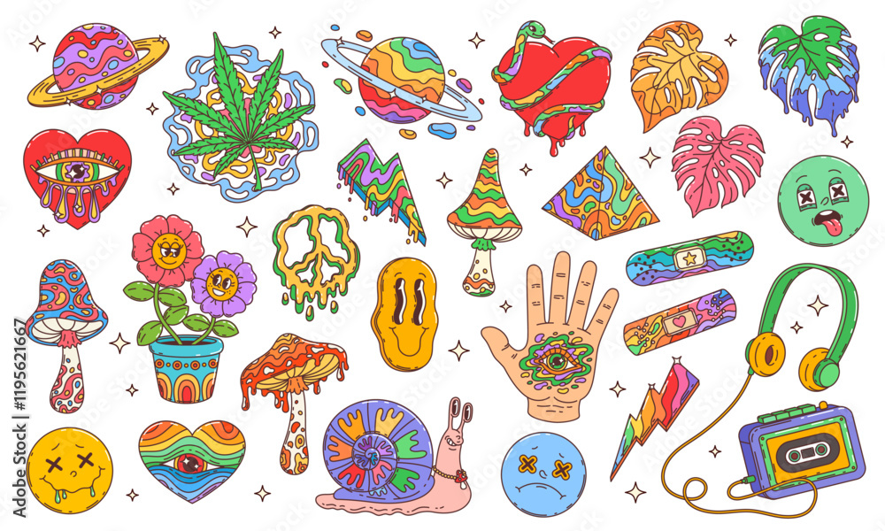 Vector de Stock Groovy hippie symbols of cartoon psychedelic rainbow ...