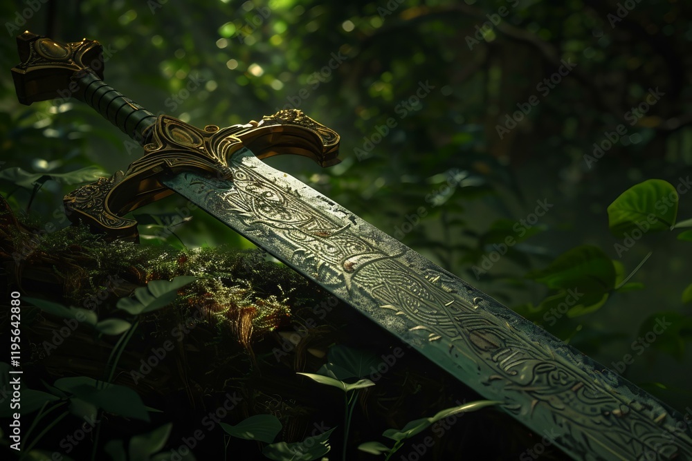 Ornate fantasy sword with gold hilt is resting on mossy ground in a ...