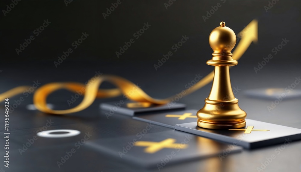 Golden chess pawn on tic-tac-toe board, curved arrow, X and O symbols ...