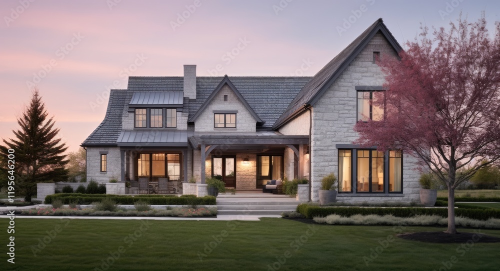 Stone and Brick Modern Farmhouse at Dusk: Stunning Night Exterior ...