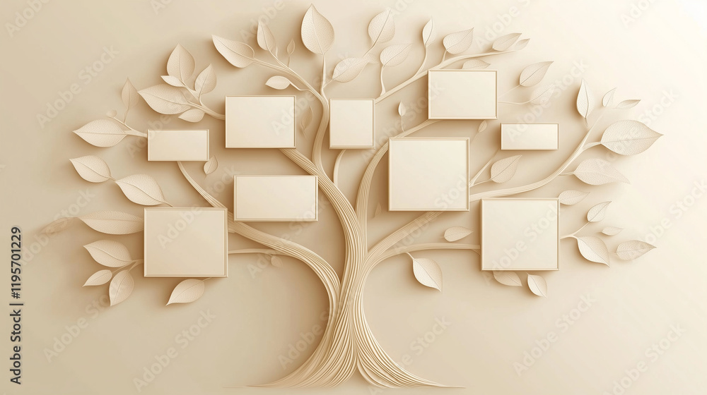 3d beige genealogical family tree template with blank empty cells on ...